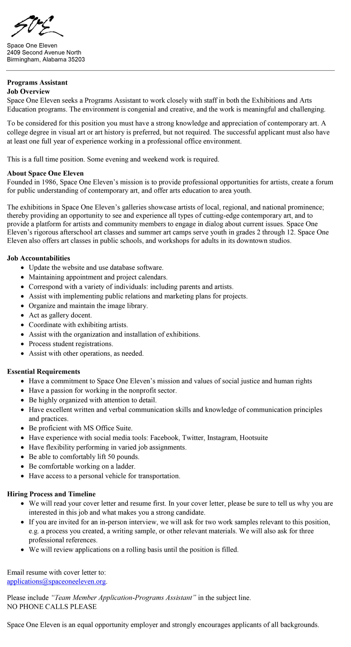 Programs Assistant - SPACE ONE ELEVEN ARTS CENTER